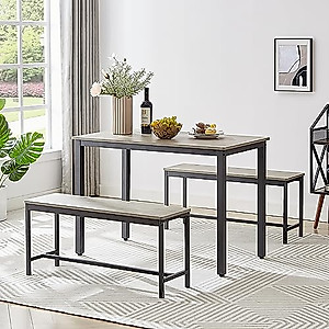 CANJUXK Dining Table Set, Bar Table with 2 Dining Benches, Kitchen Table Counter with Chairs, Industrial for Kitchen Breakfast Table, Living Room, Party Room, Grey.43.3″L x 23.6″W x 29.9″H