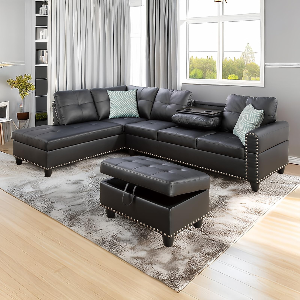 Yafylly L Shaped Sectional Couch, Living Room Furniture Set with Storage Ottoman, Deep Seat Modular Sofa with 2 Cup Holders, 2 Throw Pillows for Large Space, Black