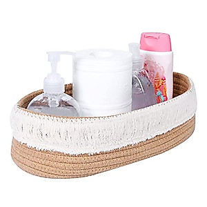 Toilet Tank Topper Paper Basket, Storage for Toilet Tank, Bathroom Baskets Tray, Toilet Baskets for Boho Bathroom Decor, Small Woven Baskets for Organizing, 13.5"x5.9"x4" (Brown-Fringe)