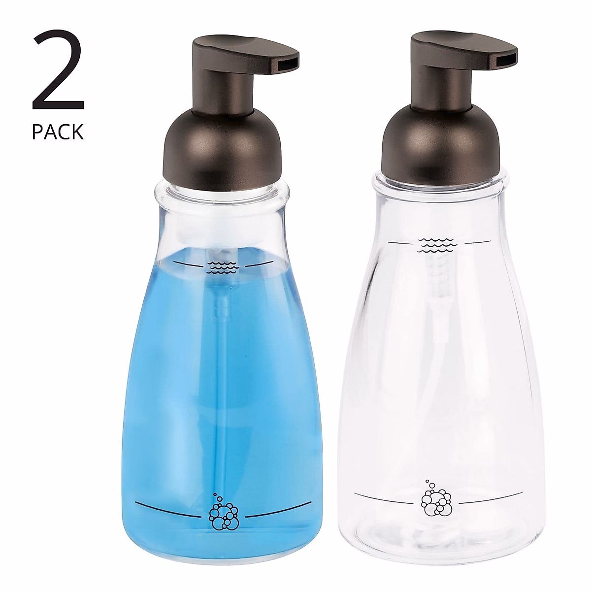 mDesign Round Plastic Refillable Foaming Hand Soap Dispenser Pump Bottle for Bathroom Vanities, Kitchen Sink, Countertops - 2 Pack - Clear/Bronze