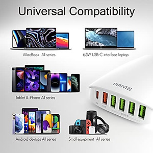 USB Charging Station, MANTO 65W PD3.0 & QC3.0 USB C Charger, 6-Port Desktop Charger with 1 USB C and 5 USB A Ports Compatible with MacBook Pro/Air, Laptops, iPad, iPhone, Galaxy and More