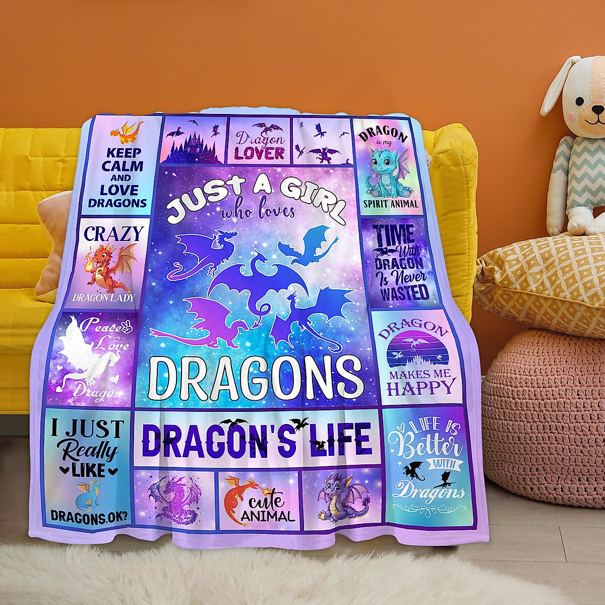 AICLIV Just A Girl Who Love Dragon Blanket for Girls Kids, Dragon Gifts for Girls, Gifts for Dragon Lover, Dragon Themed Gifts, Dragon Gifts for Birthday Christmas, Dragon Blanket 50"X 40"