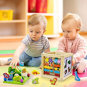 Fajiabao Baby Wooden Activity Cube - Toddler Activity Center Baby Toys 12-18 Months 1 2 3 Year Old Boy Girls Gifts with Bead Maze Sorter Abacus Montessori Dinosaur Toys Educational Learning for Kids