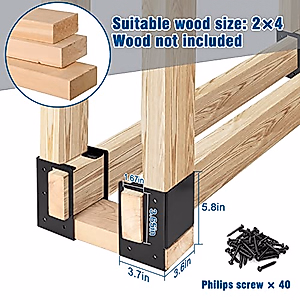 MOFEEZ Outdoor Firewood Log Storage Rack 2x4 Bracket Kit, Fireplace Wood Storage Holder, Adjustable to Any Length - Bright Black, Two Bases