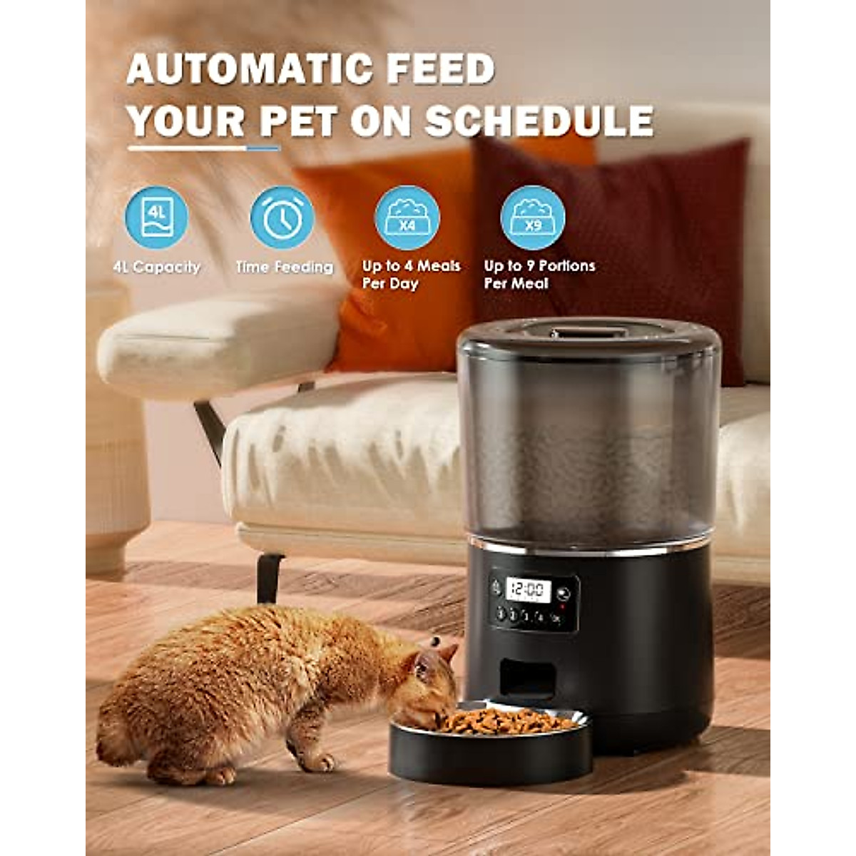 Tomxcute Automatic Cat Feeders, 4L Cat Dry Food Dispenser, Auto Dog Feeder Small Timed Pet Feeder with Stainless Steel Bowl, Push-Type Clog-Free Design, 1-4 Meals Portion Control for Cats and Dogs