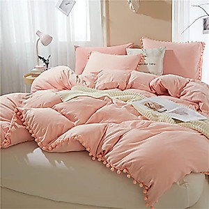 IHOUSTRIY Duvet Cover Queen Size,100% Washed Microfiber 3pcs Bedding Duvet Cover Set, Pom Poms Fringe Solid Color Soft and Breathable with Zipper Closure & Corner Ties - Pink