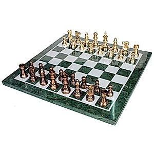 StonKraft Collectible Green Marble Chess Board Set + Brass Crafted Pieces Pawns - Decorative Stone Chess - Home Décor - 20" Inches