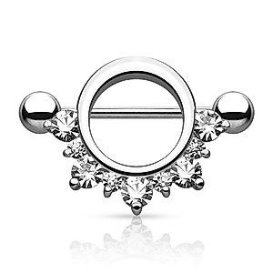 Pair of Half Circle CZ Lined Surgical Steel Nipple Rings Shield 14G 9/16" - Clear