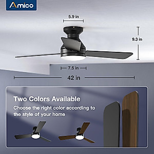 Amico Ceiling Fans with Lights, 42 inch Low Profile Ceiling fan with Light and Remote Control, Flush Mount, Reversible, 3CCT, Dimmable, Noiseless, Black Ceiling Fan for Bedroom, Indoor/Outdoor Use