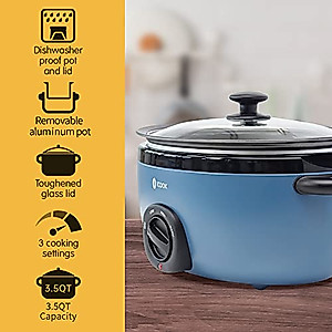 ICOOK USC-35-OP001BL 3.5 Quart Slow Cooker ,Aluminium Sear/Sauté Stew Pot Stovetop safe,Dishwasher Safe,Glass Lid,Adjustable Temp,Food Warmer,Blue