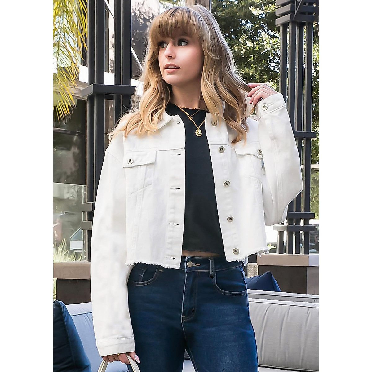 Anna-Kaci Women's Denim Jacket Cropped Raw Hem Casual Button Down Jean Jacket with Pockets, White, Large