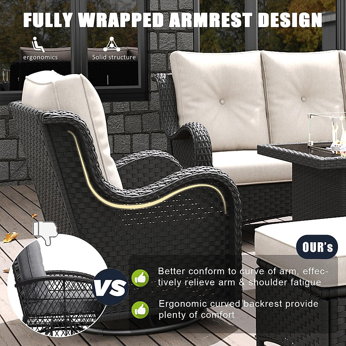 LayinSun 6 Pieces Outdoor Patio Furniture Set, Rattan Wicker Sectional Swivel Rocker Chairs Sets with Ottomans, Swivel Glider Chairs, and Coffee Table