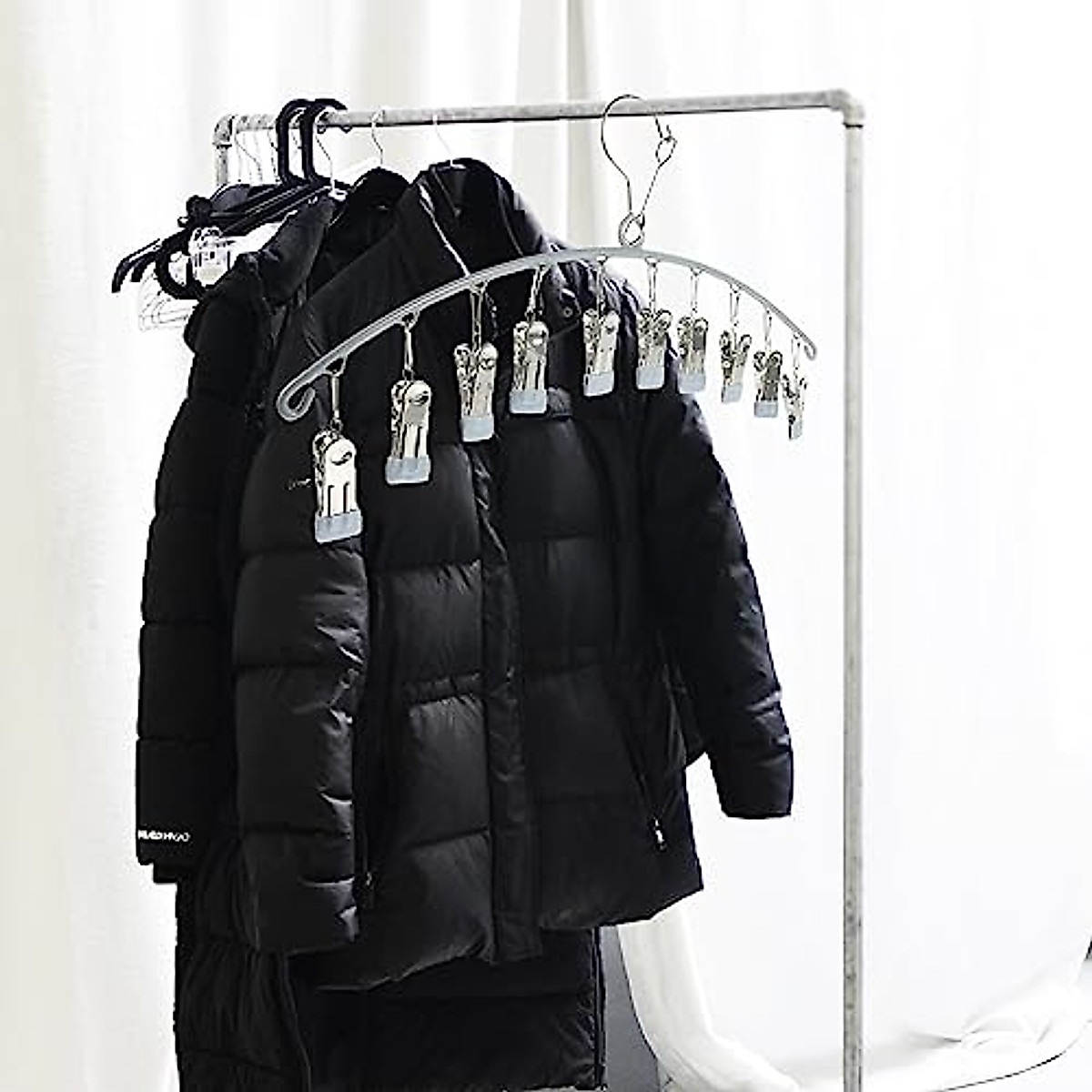 Kichvoe Hat Hangers for Closet Stainless Steel Sock Drying Rack Windproof Clothes Hanger with 10 Clips Space Saving Laundry Drying Rack for Socks Towels Hats Bras Underwear Grey