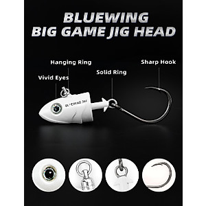 BLUEWING Big Game Swing Hook Jig Head with High Strength Stainless Steel Ball Bearing Swivel and High Carbon Steel Hook 1pc Saltwater Fishing Lures Lead Jighead, White 3oz