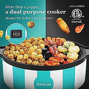 Electric Popcorn Popper Maker Apexboss Stirring Popcorn & Grill Machine 2-in-1 Hot Oil Pop Corn Non Stick Cooker 4 Quarts Large Lid for Serving Bowl, 16 Cups for Home Christmas Party Kids