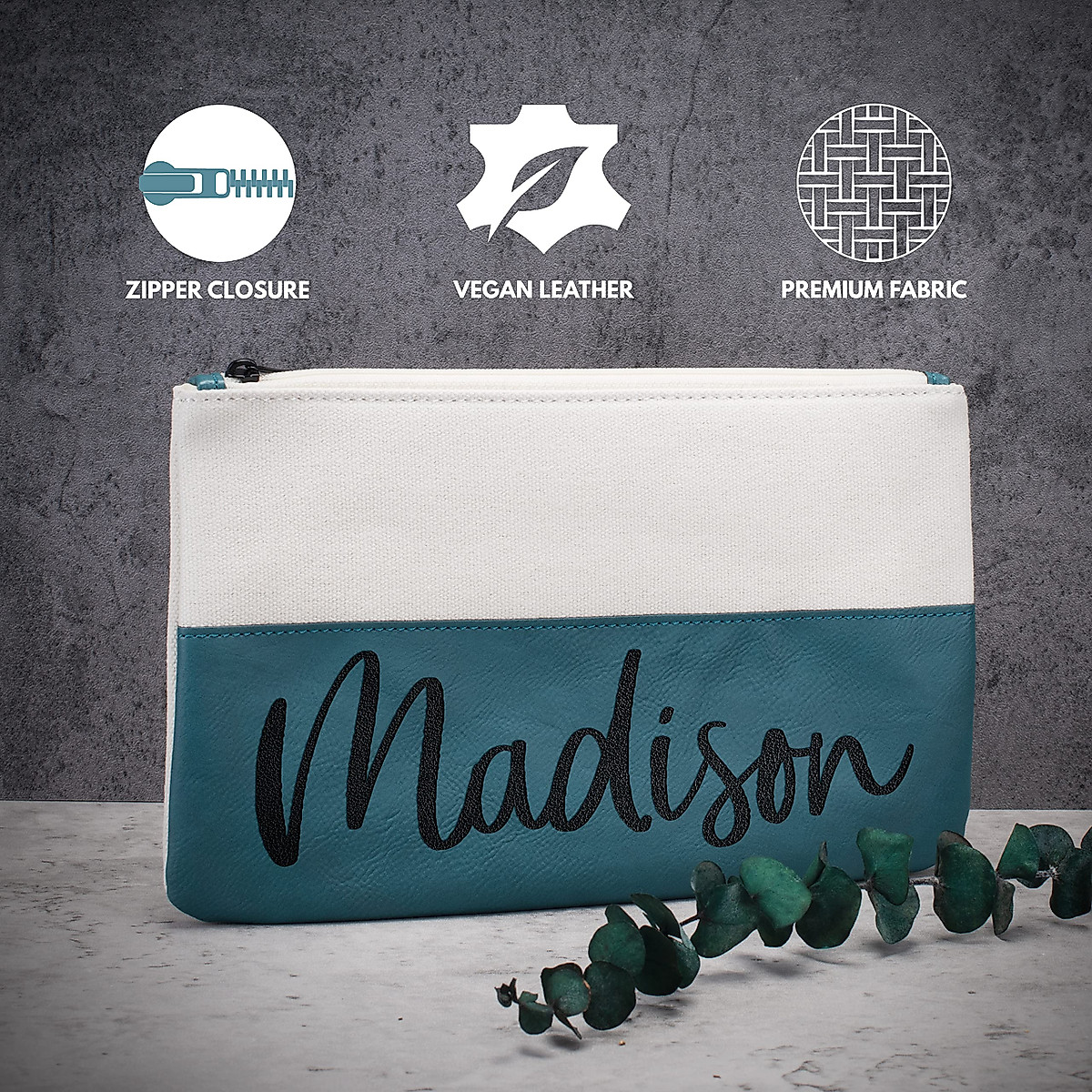 Personalized Makeup Bag w/Name - Vegan Leather & Canvas - 7 Fonts, Bridesmaid Proposal Gifts, Custom Cosmetics Bag, Lightweight & Portable Makeup Pouch for Travelling, Gifts for Women, Mom - Rose