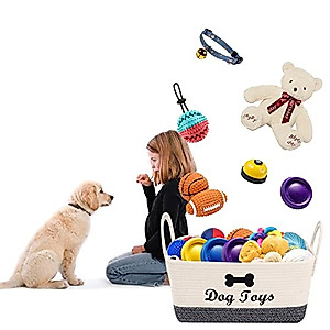 Brabtod Cotton Rope Basket | Cotton Dog Toy Basket Storage,Storage bin with Long Handle for Toys Blanket in Living Room, Baby Nursery-Beige/Dark Mixgray