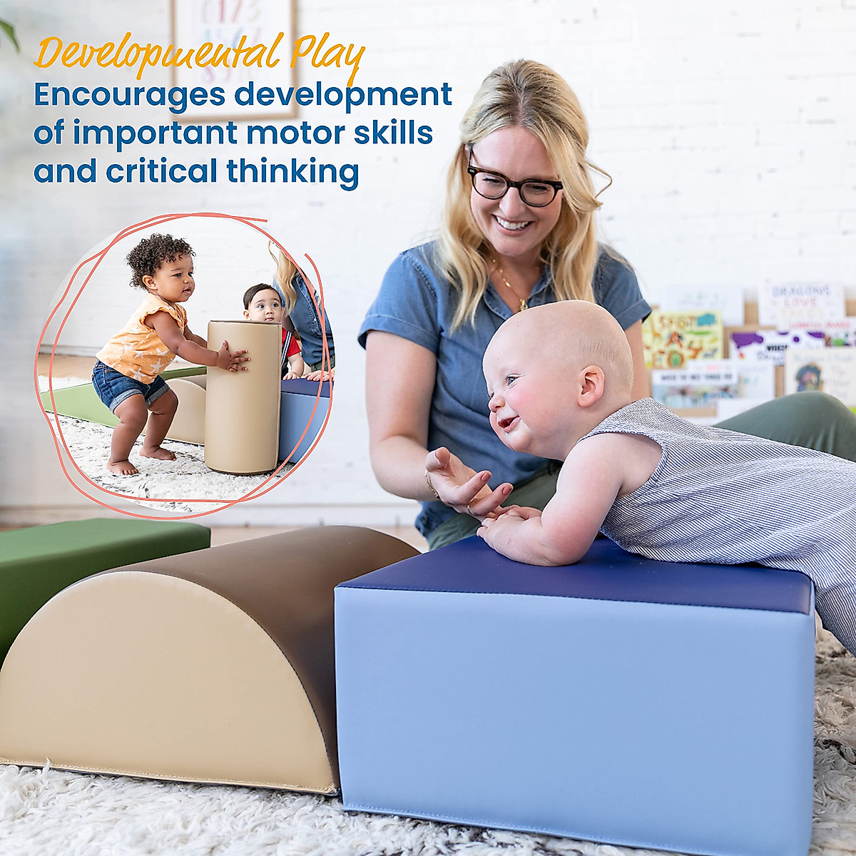 ECR4Kids SoftZone Climb and Crawl Activity Play Set & Melissa & Doug K's Kids Pull-Back Vehicle Set - Soft Baby Toy Set with 4 Cars and Trucks and Carrying Case