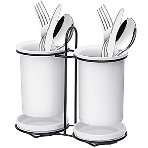 Kitchen Utensil Holder, Ceramic Utensils Crock for Countertop, Cooking Utensil Crock with Drain Holes and Metal Rack , Utensil Organizer for Countertop, Easy to Clean for Party, Home, Counter-White