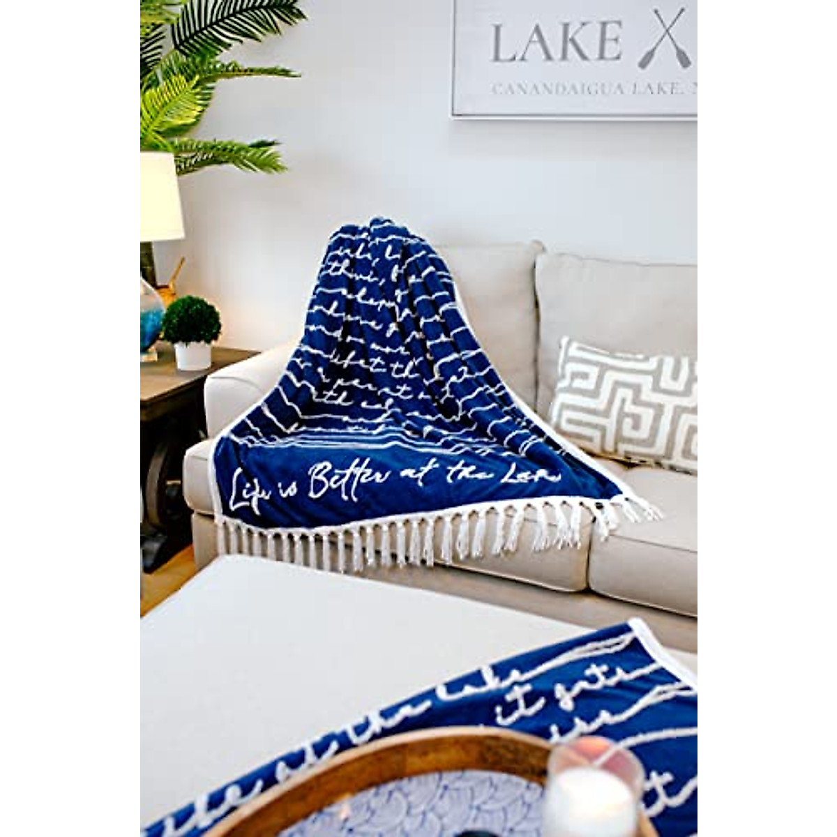 Pavilion - Life is Better at The Lake 50" x 60" Luxury Sherpa Tassel Raised Text Throw Blanket Housewarming Apartment Warming Cottage Lakehouse Gift - Threaded Together
