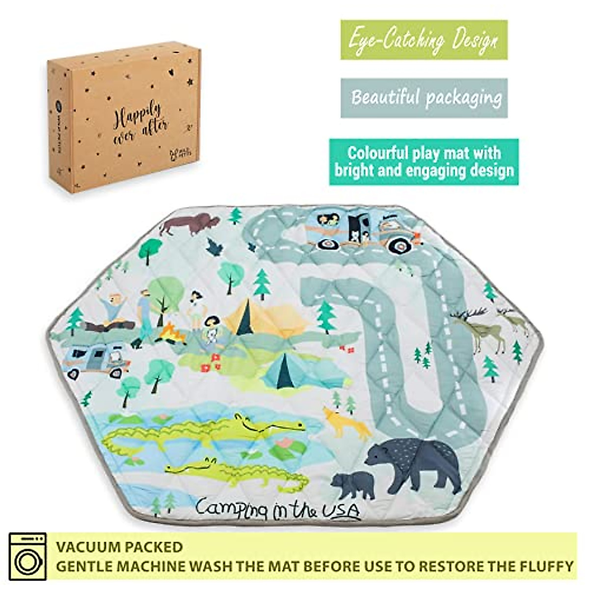 Hexagon Playpen Mat, Baby Play Mat, Fits Regalo Portable Play Yard 48 inch, Hiccapop 53”, Teepee mat, Play Pen mat 52”x45”, Hexagonal Play Mat, Non Slip Pat Mat (Camping in The USA)