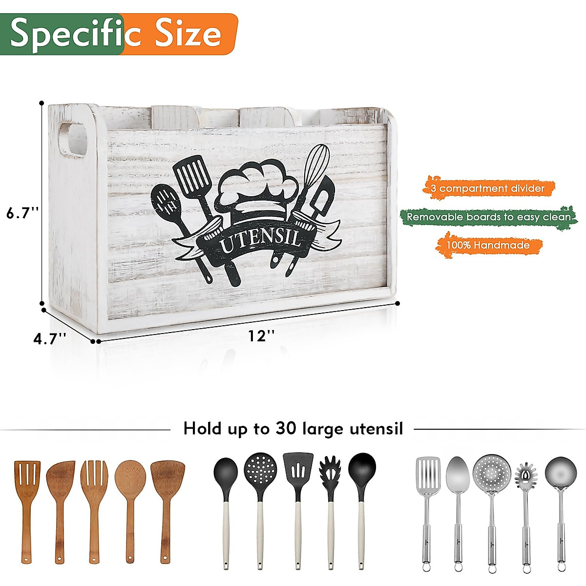 Fabuday Kitchen Utensil Holder for Counter Wooden - Extra Large Cooking Utensil Caddy for Spoon, Spatula Utensils, Rustic Farmhouse Utensils Organizer Countertop