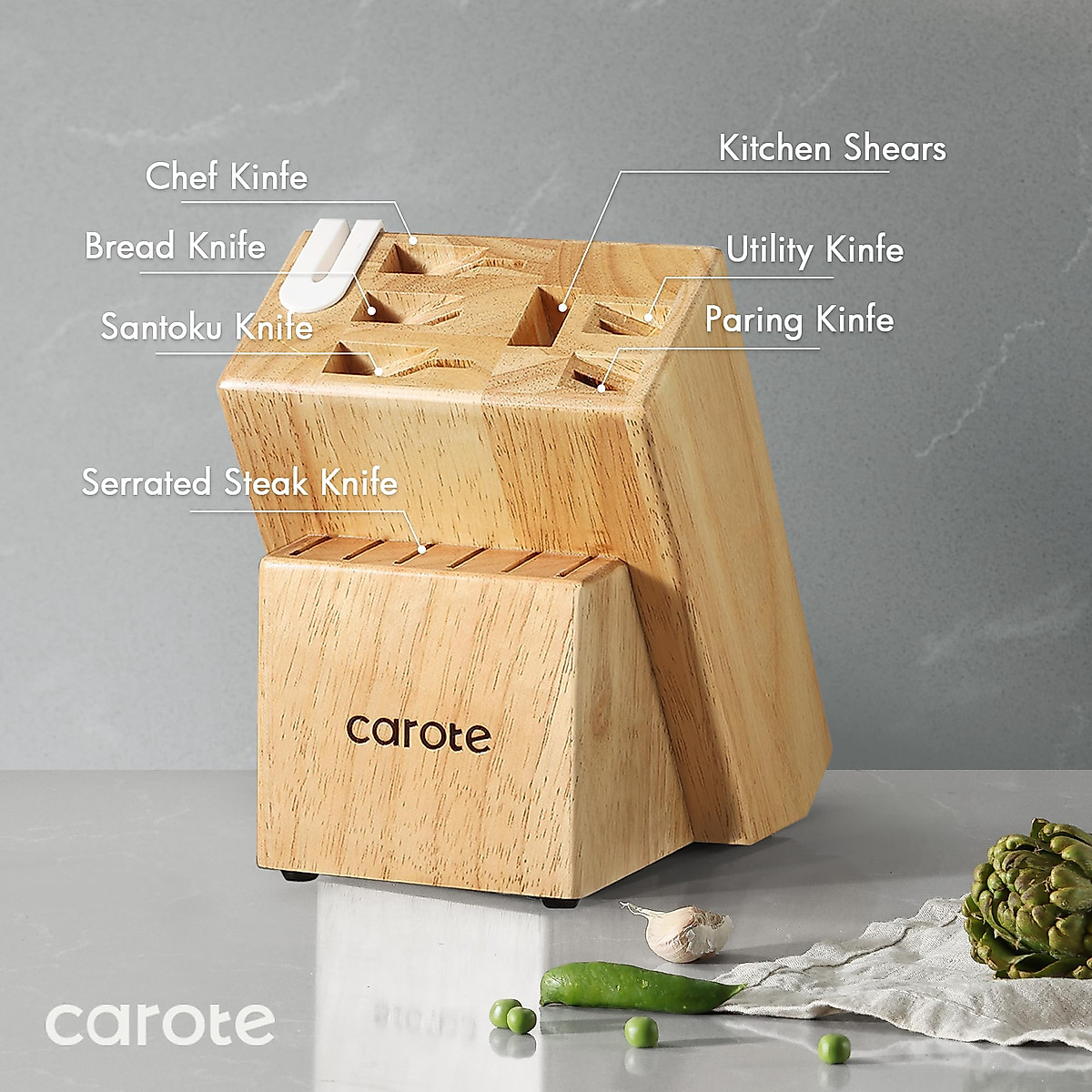 CAROTE 14PCS Kitchen Knife Set with Block, Stainless Steel Blade Knife Block Set, Knife Set with Built-in Sharpener, Razor-Sharp,White