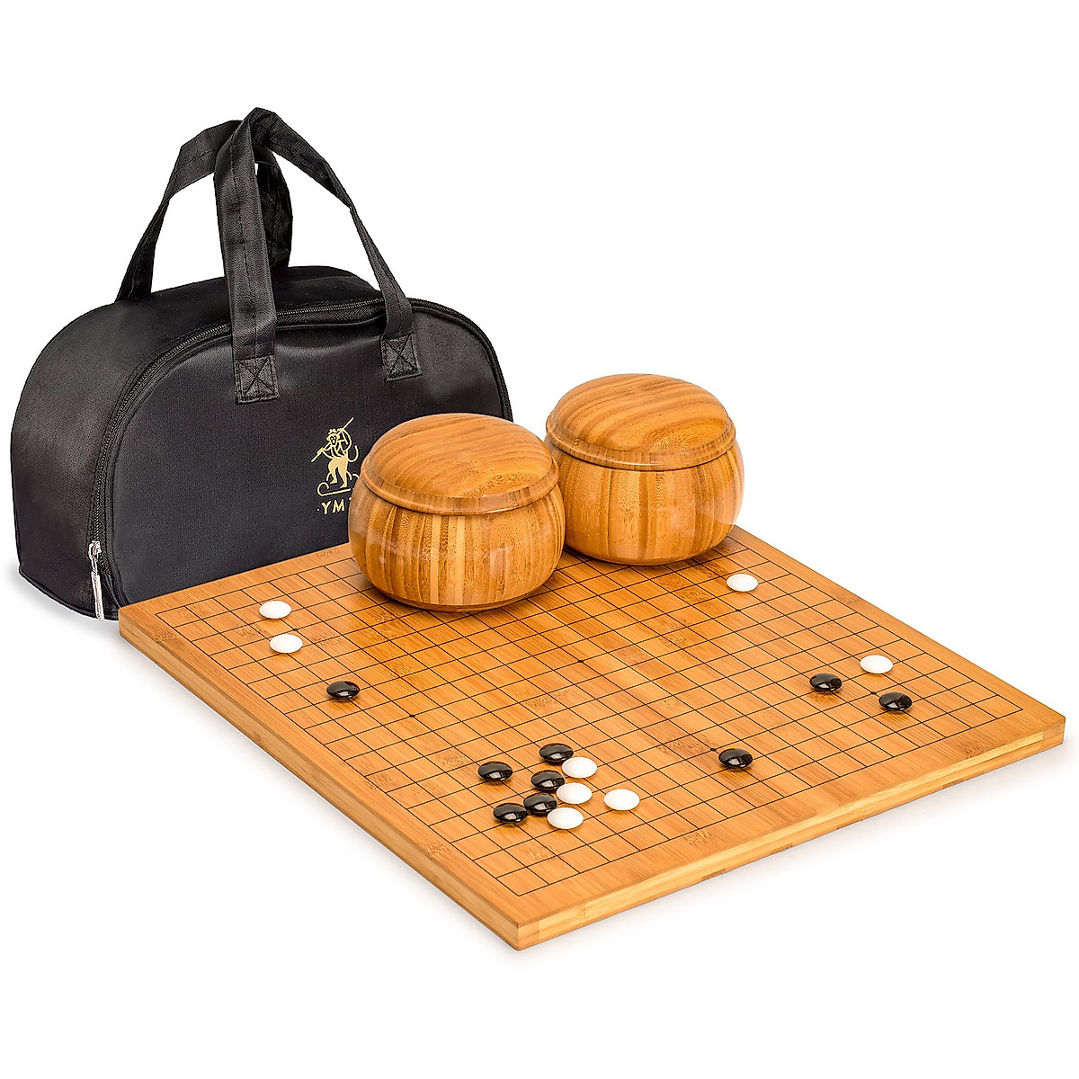 Yellow Mountain Imports Bamboo 0.8-Inch Reversible 19x19 / 13x13 Go Game Set Board with Double Convex Melamine Stones and Bamboo Bowls - Classic Strategy Board Game (Baduk/Weiqi)