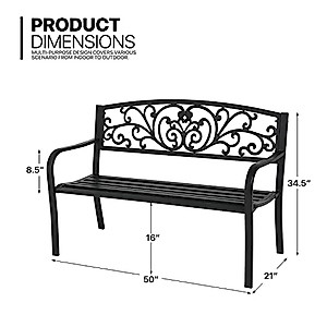 MoNiBloom Metal Bench Patio Benches for Outdoors, Iron Frame Antique Finish Park Bench with Armrests Lawn Porch Entryway Path Yard Decor Deck Furniture for 2-3 Adults Seat, Black