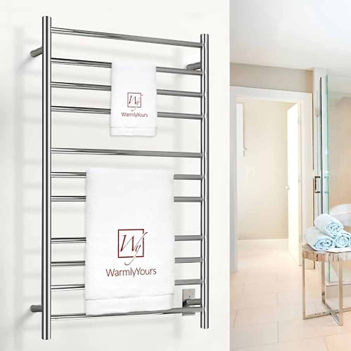 WarmlyYours Polished Radiant Electric Heated Towel Warmer, 11 Bar, Hardwired, Overheat Protection, Integrated On/Off Switch, Stainless Steel