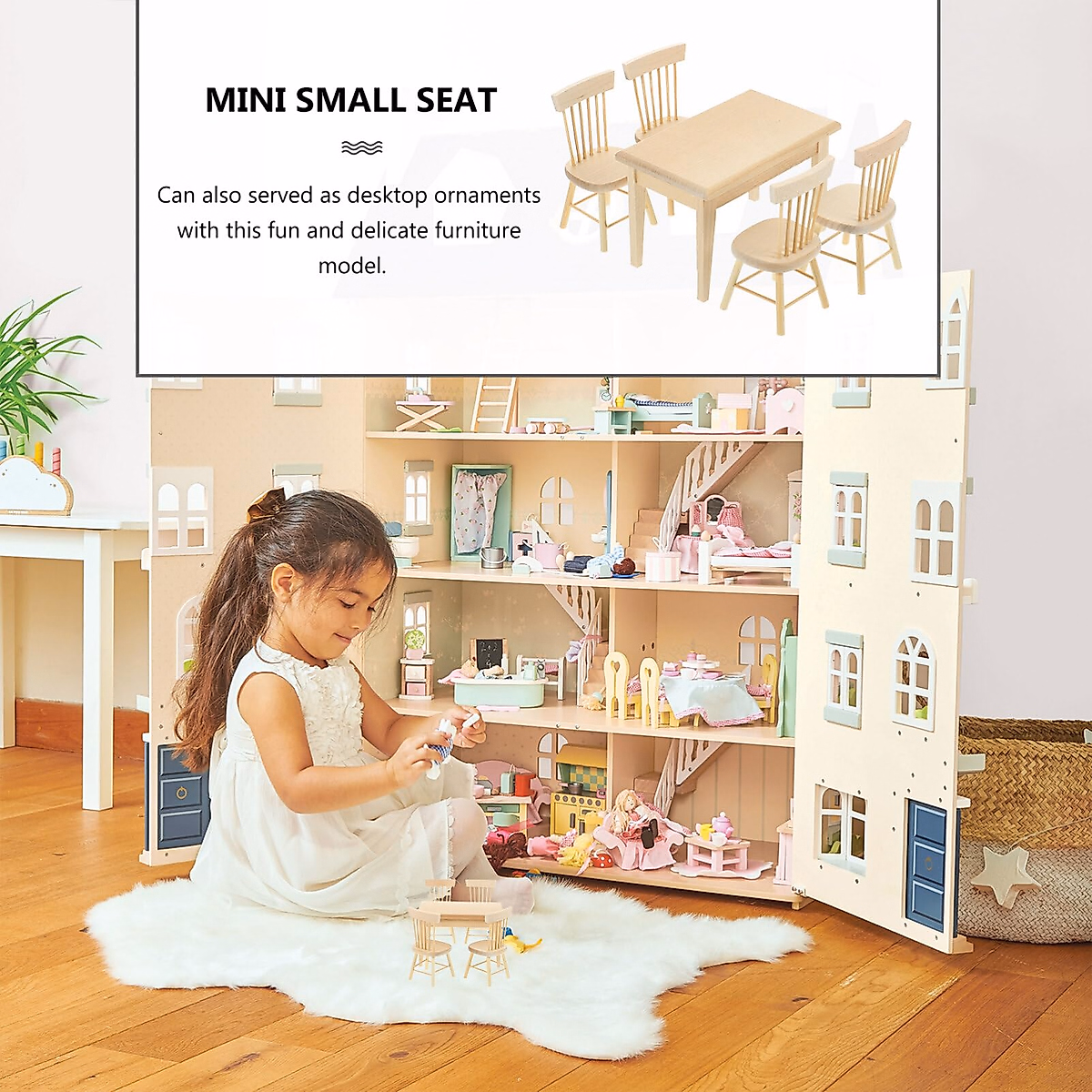 Dollhouse Miniature Dining Table Chair Wooden Furniture Set Miniature Figurines for Kids Decor Ornament Dark Red