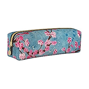 Cherry Blossom Sakura Leather Pencil Case Bag with Zipper Women Makeup Bag Durable Portable Suitable for School Work and Office 8.3 x 2.2 In