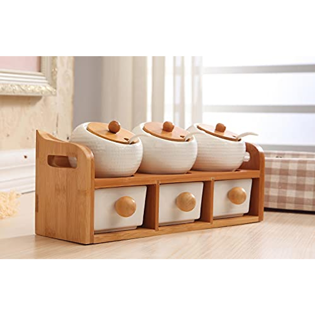 Yesland 6 Pcs Porcelain Condiment Jar Spice Container with Lid - 5.8 Oz Sugar Bowl Set with Spoons and Tiered Bamboo Display Rack - Pottery Cruet Pot for Sugar Serving Salt Coffee Tea, Label Included