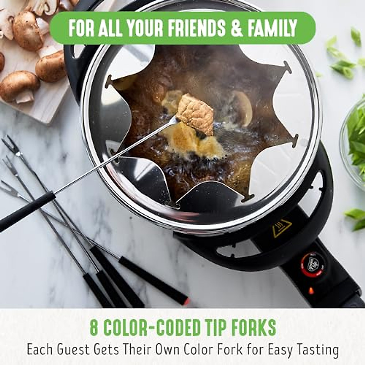 GreenLife 14 Cup Electric Fondue Maker Pot Set For Cheese, Chocolate, and Meat, 8 Color Coded Forks, Healthy Ceramic Nonstick, Adjustable Temperature Control, PFAS-Free, Pink
