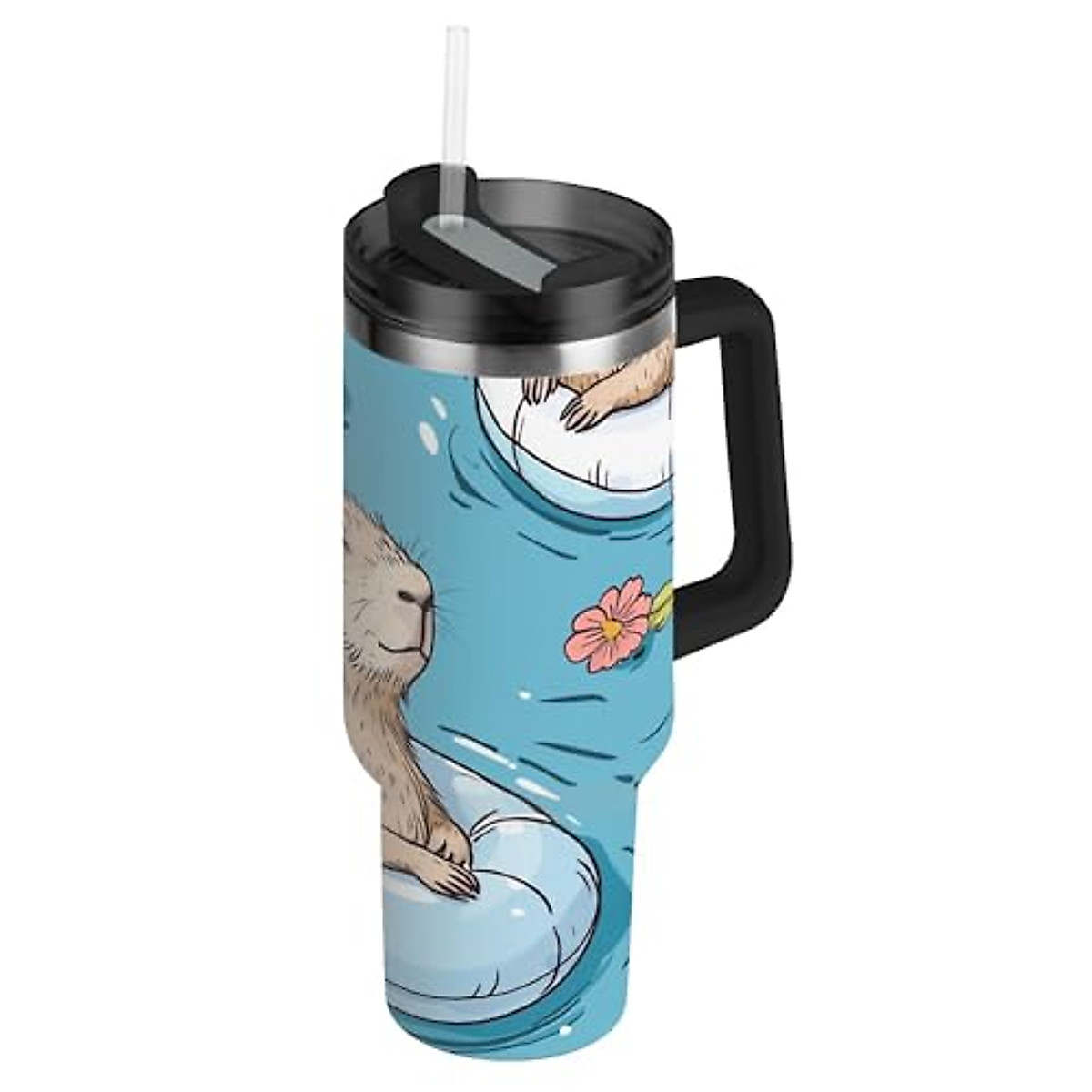 Selerdon 40 oz Tumbler Capybara Float with Handle and Straw Lid Vacuum Stainless Steel Insulated Water Bottle Travel Mug Car Cup Holder Friendly BPA Free for Gym Travel Office