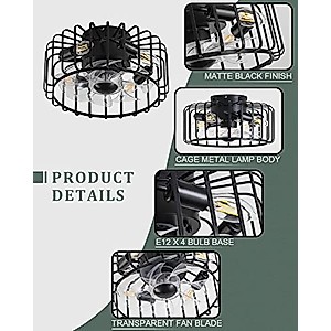 MIAOMEIO 13'' Low Profile Small Flush Mount Farmhouse Industrial Caged Ceiling Fan with Lights, 6 Speed Bladeless Black Ceiling Fan with Remote Control for Living Room, Bedroom, Kitchen (Black)