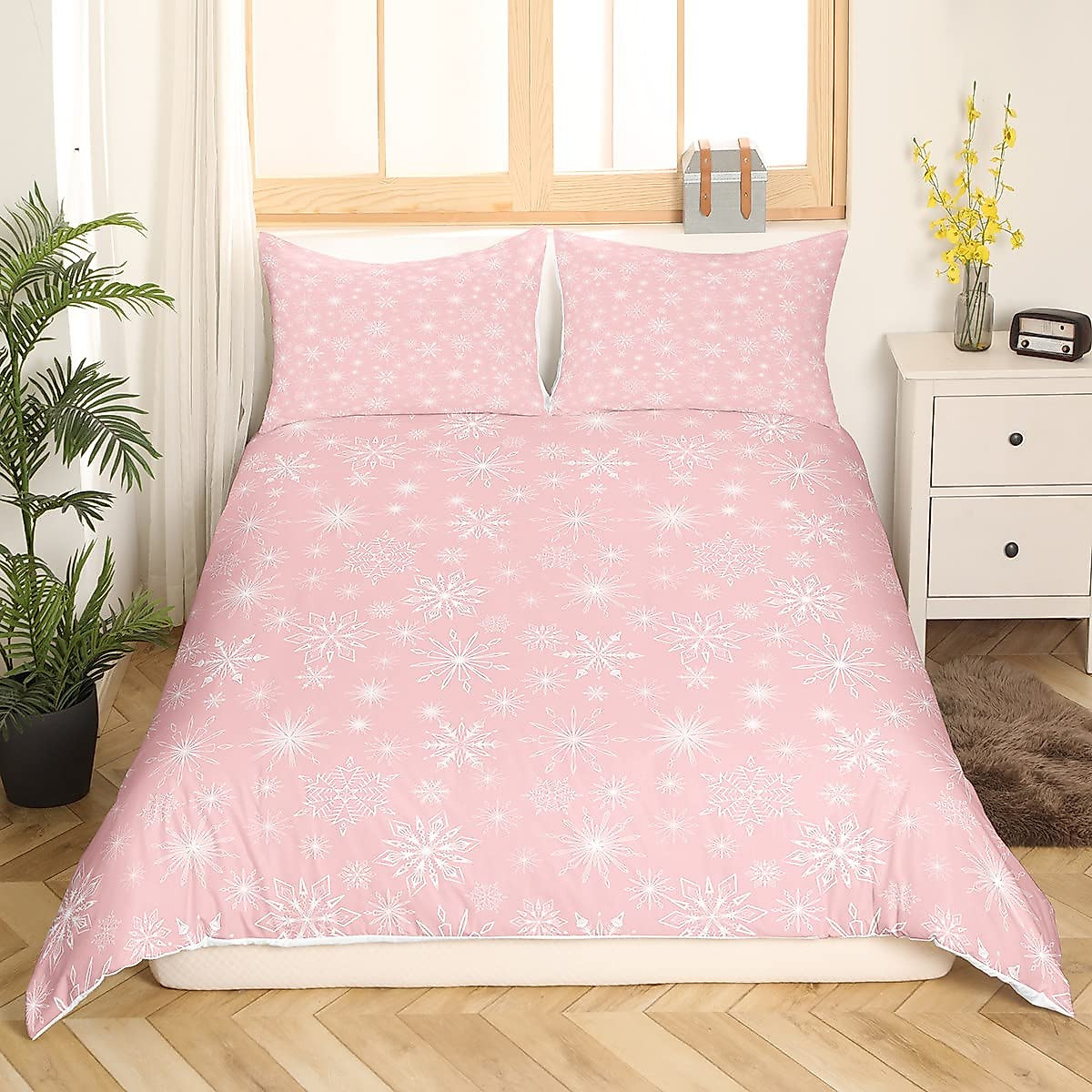Erosebridal Pink Christmas Duvet Cover Queen Girly Romantic Snowflake Bed Sets Princess Winter Comforter Cover Girls Modern Style Bedding Set Bedroom Decor Pink Floral Bedding Set & 2 Pillowcases
