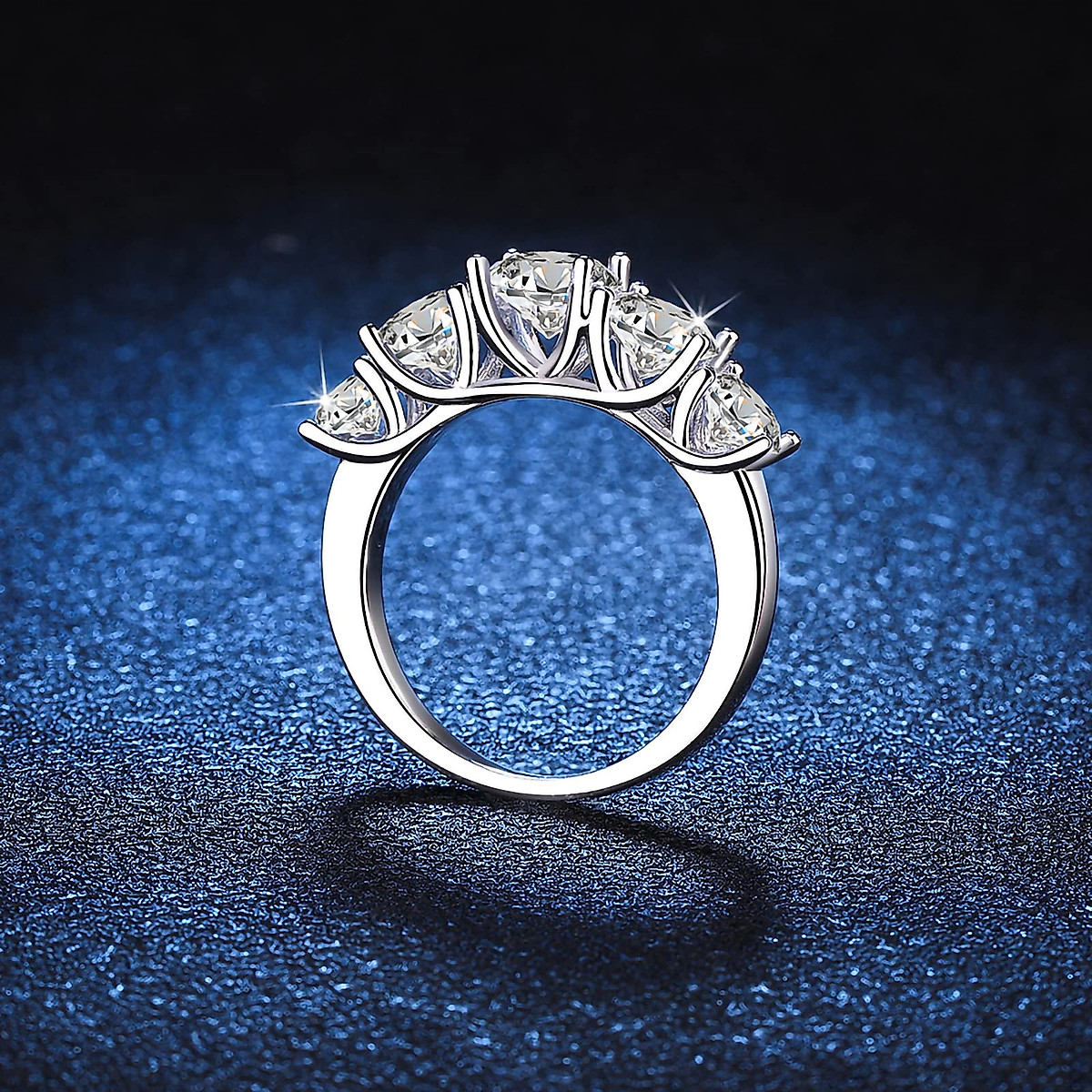 CHIRENMA 3 Stone/5 Stone Round Cut Moissanite Engagement Rings for Women in Sterling Silver, Round Cut Sparkling Wedding Band for Women Size 6-8 (5 stone, 7)