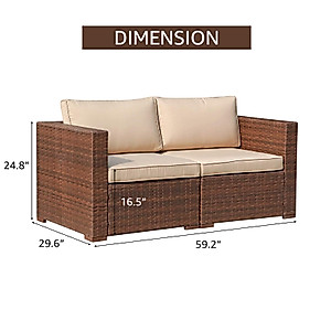 Super Patio Loveseat, 2 Piece Outdoor Furniture Set, All Weather Wicker Loveseat Corner Sofas Thick Beige Cushions, Steel Frame, Brown