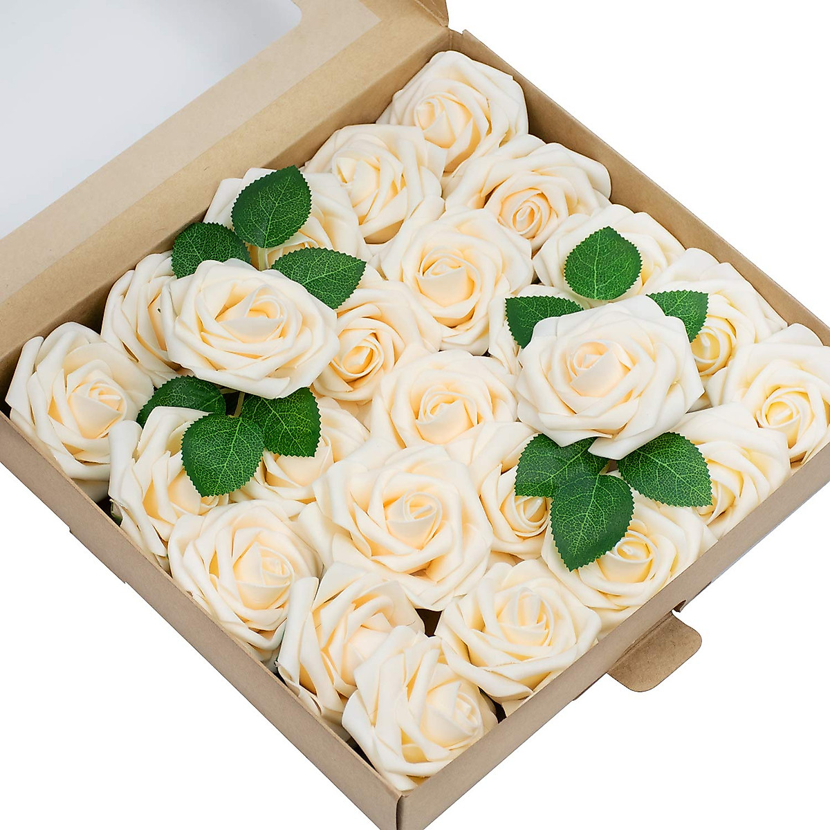 Foraineam 50pcs Artificial Roses Flower Real Looking Foam Rose Fake Flowers with Stem & Leaves for DIY Wedding Bouquets Centerpieces Party Home Decorations (Cream)