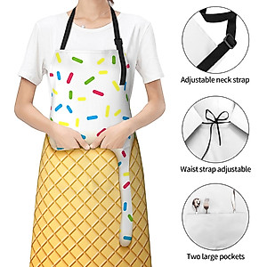 Cartoon Ice Cream Food Cute Aprons for Women Men, Flowing Cream Cooking Chef with 2 Pockets Adjustable Neck Strap Apron Perfect Cooking and Baking Apron for Women Dad Gifts, White Yellow