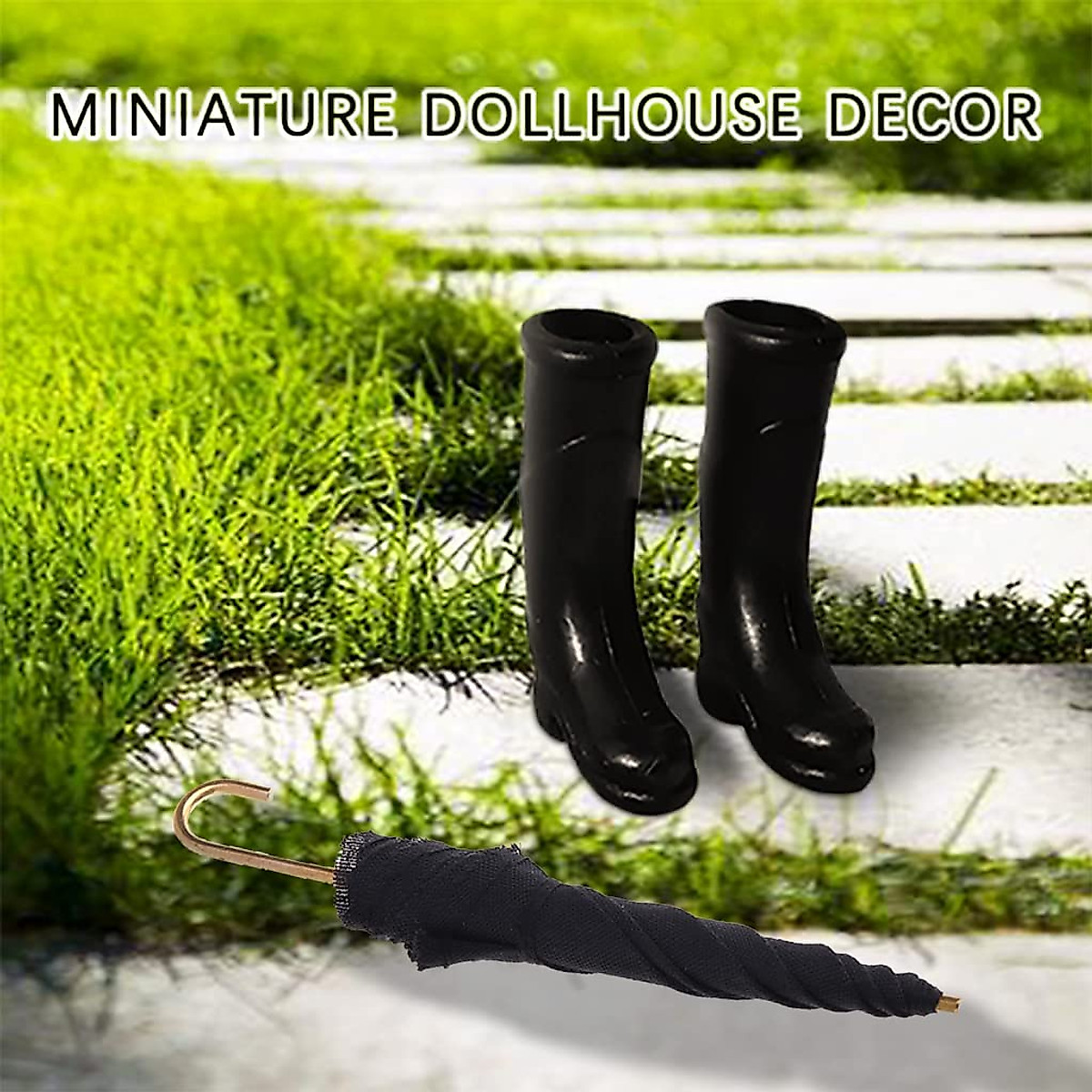 Set of 2, 1:12 Dollhouse Miniature Umbrella with Rain Boots(Black)
