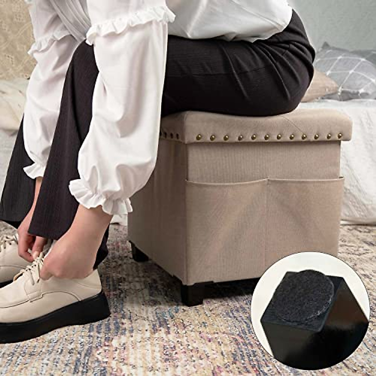 Brakki Storage Ottoman Cube Square Ottoman Foot Rest Cube with Side Pocket,15.7 Inches Storage Bench for Bedroom Living Room Linen Fabric with Wooden Legs Folding Beige Ottoman