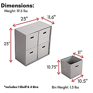 BIRDROCK HOME Grey Linen Cube Organizer with 4 Storage Bins – Collapsible Fabric Shelves and Cubes