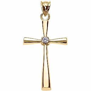 Religious Jewelry 14K Yellow Gold Solitaire Diamond Accented Cross Pendant Charm (K-M Color, Promo Clarity)