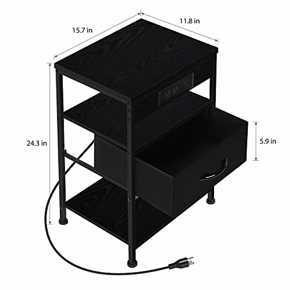 NORCEESAN Black Nightstand with Charging Station, Bed Side Table with USB Ports & AC Outlets, Small End Bedside Tables with Drawer Charging Night Stand 3 Tier Table for Bedroom Living Room Farmhouse