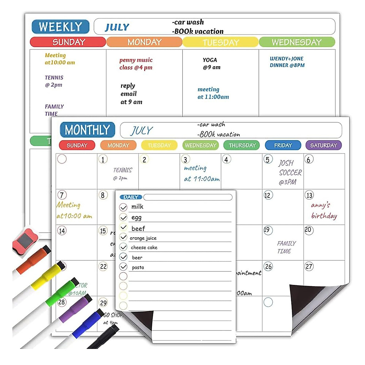 Magnetic Dry Erase Calendar Bundle for Fridge: 3 Boards Included - Monthly, Weekly, Daily Calendar Whiteboard 17x12" - 6 Fine Tip Markers and Large Eraser with Magnets, Refrigerator White Board Wall