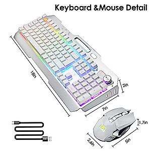 Wireless Gaming Keyboard and Mouse,16 Kinds RGB LED Backlit Rechargeable Keyboard Mouse with 4800mAh Battery Metal Panel,Mechanical Feel and Gaming Mute Mouse for PC Gamers(White RGB Backlit)