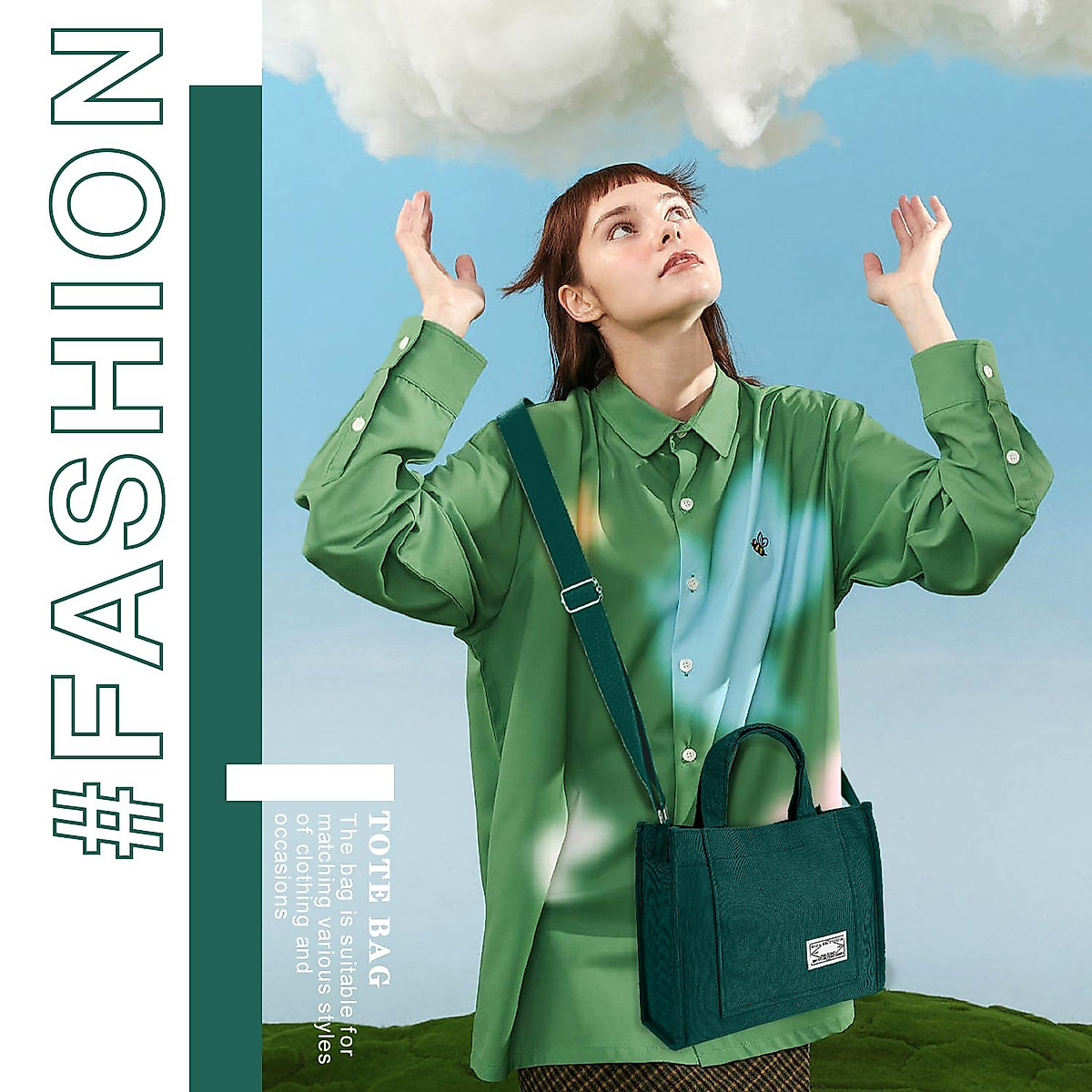 Corduroy Tote Bag for Women Small Satchel Bag Mini Tote Bag Aesthetic Crossbody Bag Handbag - School Work Travel Shopping(Dark Green)