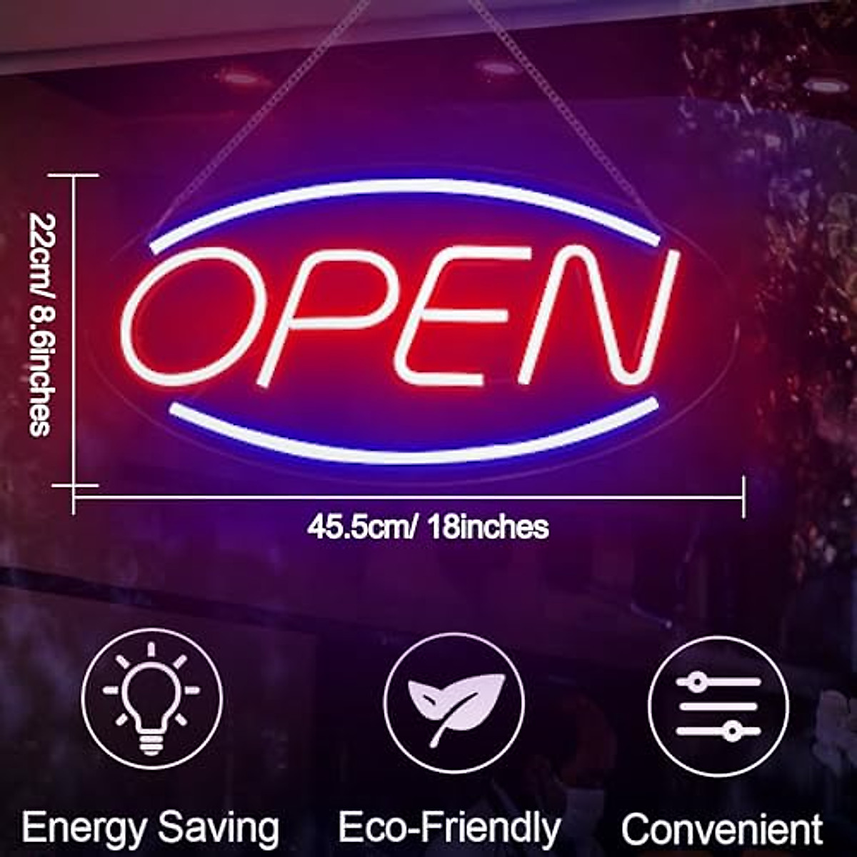 Large LED Neon Open Sign 18"x 8.6" for Business, Powered by USB with ON/OFF Switch Adjustable Brightness Open Neon Lights for Party Bar Salon Hotel Stores Window Wall Decor